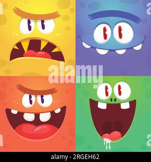 Funny cartoon monster faces emotions set. Illustration of mythical ...