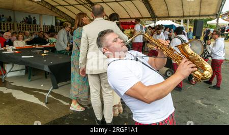 Male musician playing alto saxophone at village fiesta party, Galicia ...