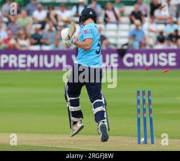 Charlie Allison of Essex is bowled out by Wiaan Mulder during ...