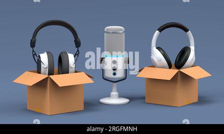 Set of gamer headphones and microphone in cardboard box on orange ...