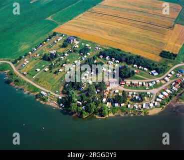 Etang de Gondrexange pond, camping site, leisure resort, aerial view ...