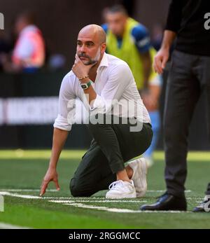Manchester City F.C. manager Pep Guardiola gesticulates during the UEFA ...
