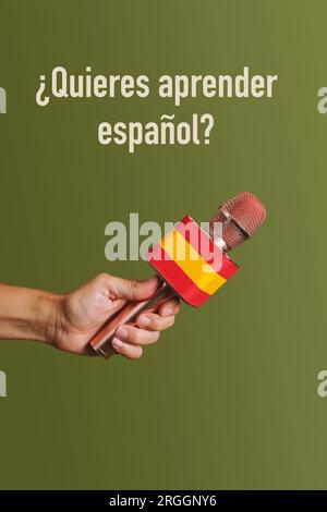 Text LEARN SPANISH and flag of Spain on grey background Stock Photo - Alamy