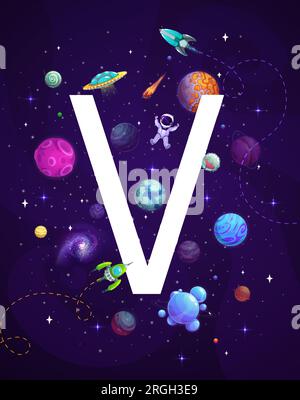 Cartoon space letter N on starry galaxy vector background. Kids ...