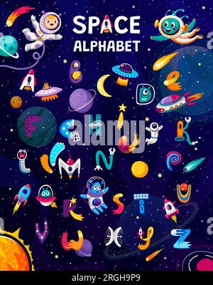 Kid space alphabet with rockets, UFO, kid astronaut and alien. English ...