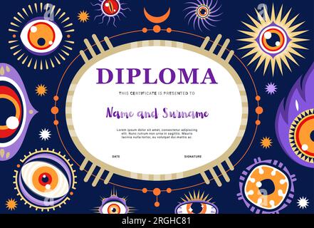 Kids wizard diploma with magical witchcraft eyes, vector education ...