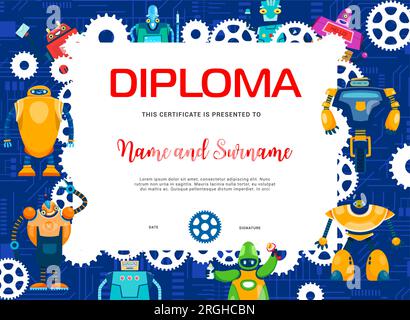 Kids diploma with cartoon robots and droid characters. Vector ...