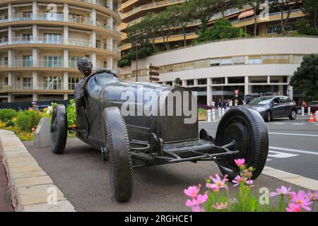 The bronze statue of William Grover in his 1929 Bugatti, the first ...