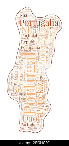 PORTUGAL map design. Country names in different languages and map shape ...