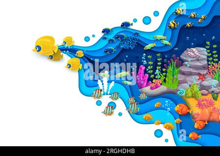 Cartoon tropical fish shoals, corals and seaweeds on sea paper cut ...