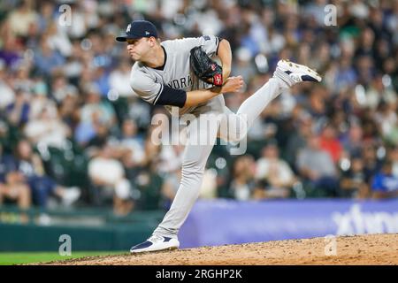 New York Yankees pitcher Clarke Schmidt looks on while walking to the dugout during the second ...