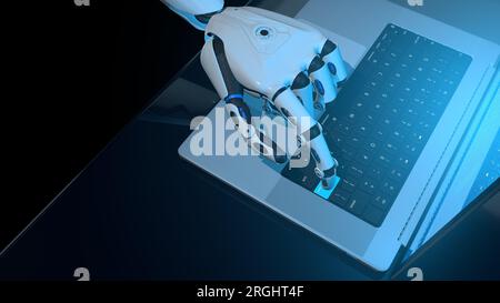 White human shaped robot hand pressing a key of an aluminum laptop with ...