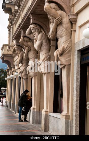 Atlas sculptural columns on the Grand Palace in Italian speaking Lugano ...