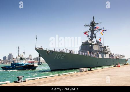 The U.S. Navy warship USS Sampson docks at a port in Panama City ...