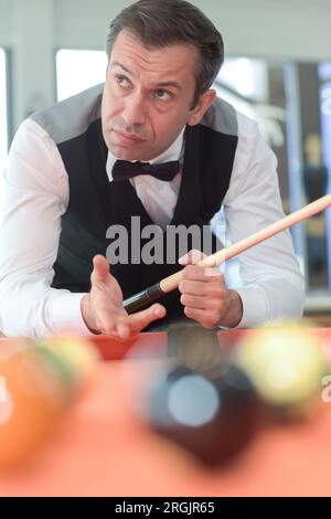 Billiard player portrait at billard table or snooker american billiards ...