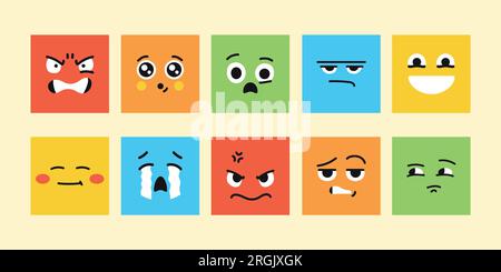 Characters color elements. Mascots of emotions. Square abstract faces ...