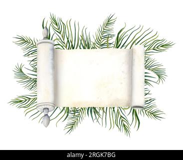 Tropical palm leaves and ancient paper scroll banner template ...