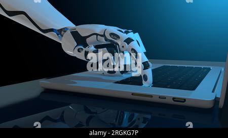 White human shaped robot hand pressing a blue key of an white laptop ...
