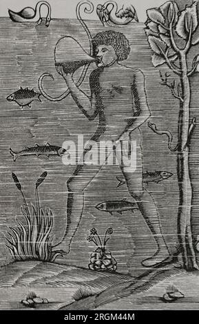 Medieval diver using bladder to breath. Facsimile of an engraving from ...