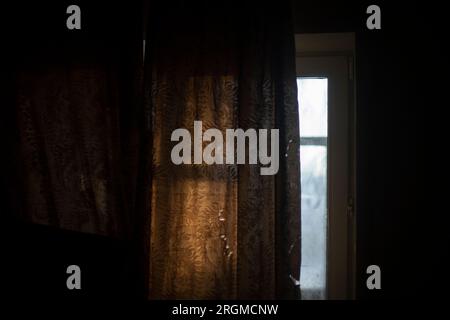 Curtain on window. Dawn outside window. Morning at home Stock Photo - Alamy
