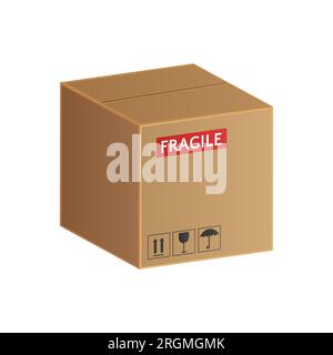 Cardboard box marked fragile realistic vector illustration isolated on white background Stock ...