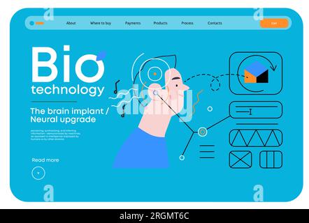 Bio Technology, Brain implant, Neural upgrade -modern flat vector concept illustration of brain ...