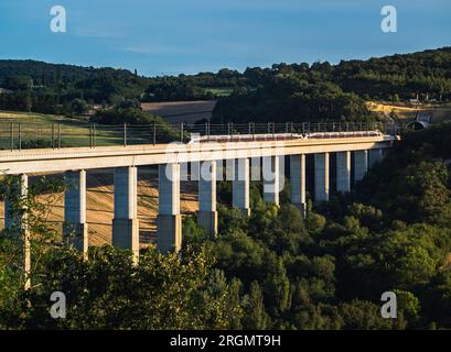Grane, France - 4 August 2023: Panoramic view on passenger train TGV ...