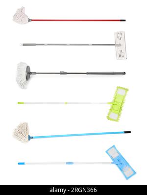 Set of different mops on white background Stock Photo - Alamy