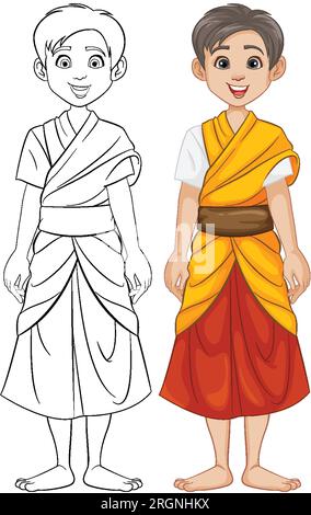 Colorful cartoon characters depict Southeast Asian men in traditional ...
