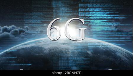 Composition of 6g text with data processing and blue glowing light trails of connections Stock ...