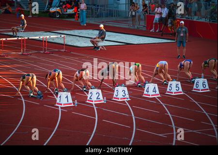 Female sprinters in the starting blocks of the HS Girl's 55m at the ...