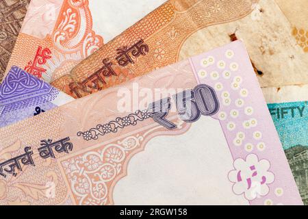 old indian cash with inscriptions for their identification, close up of ...