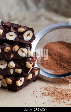 homemade bitter chocolate bar with roasted hazelnuts, bitter chocolate ...