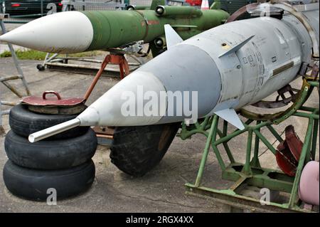 Old rockets of the Soviet Union. Old military equipment. Black and ...