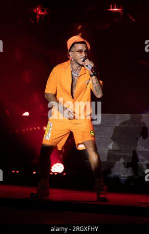 Baia Domizia, Italy. 11th Aug, 2023. Sfera Ebbasta performs at Arena Dei Pini of Baia Domizia ...