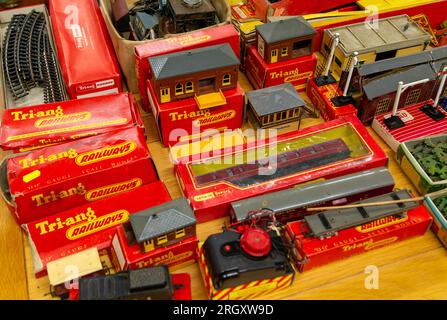 Boxes of vintage Tri-ang Railways scale model toy train set on display ...