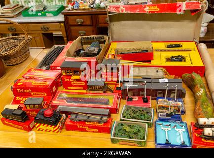 Boxes of vintage Tri-ang Railways scale model toy train set on display ...