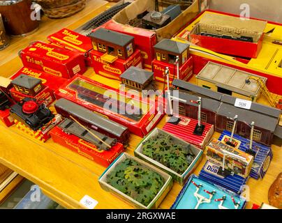 Boxes of vintage Tri-ang Railways scale model toy train set on display ...