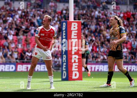 Hull KR's Jez Litten celebrates after scoring a try during the Betfred ...