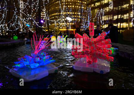 floating sculptures made out of recycled plastic - Canary Wharf Winter ...