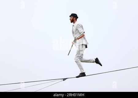 Carmarthen, UK. 12 August, 2023. Carmarthen-born high wire walker Ellis ...