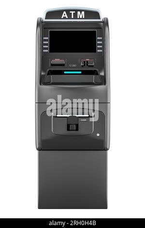 3d rendering of an ATM machine with its screen and button panel in a close view. Money and cash ...