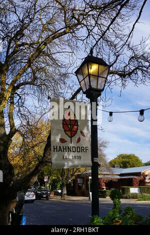 a sign reading Hahndorf on an historic lamp post (street light) in ...