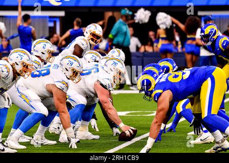 Los Angeles Chargers center Will Clapp (76) runs on to the field before ...