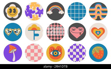 Retro groovy elements sticker pack. Funny psychedelic hippie cartoon ...