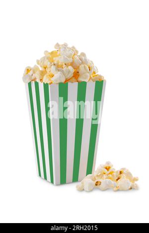 Green white striped carton bucket with tasty cheese popcorn, isolated ...