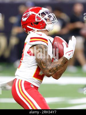 Kansas City Chiefs' Nikko Remigio (81) celebrates a long punt return ...
