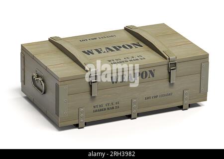 Military wooden crate with weapon on conveyor belt. Weapon production ...