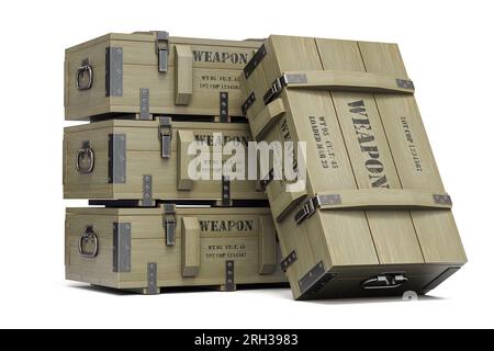 Military wooden crate with weapon on conveyor belt. Weapon production ...