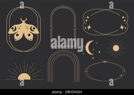 Golden celestial frame, border, arch line art esoteric minimal ...